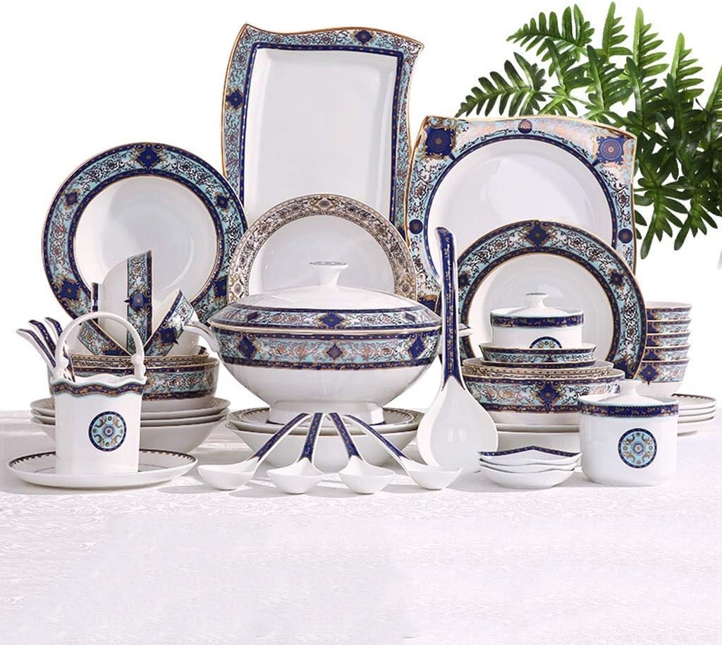 Porcelain Plate and Bowl Set, Ceramics Dinnerware Set with 55 Pieces,Bowl/Dish/Soup Pot/Spoon|Dinner Sets,Blues Garden Pattern Porcelain Combination Set