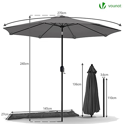 VOUNOT 9 FT Patio Umbrella Outdoor Garden Parasol Table Tilting Patio Parasol Umbrella, with Crank Handle, Protective Cover, 8 Sturdy Ribs, Gray