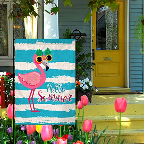 Hello Summer Funny Flamingo Small Garden Flag Vertical Double Sided Burlap Yard Outdoor Decor 12.5 x 18 Inches (152543)