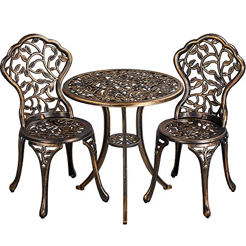 Topeakmart 3 Piece Bistro Set, Garden Round Table w/Chairs Set of 2, Antique Outdoor Patio Furniture Weather Resistant, Rose Design