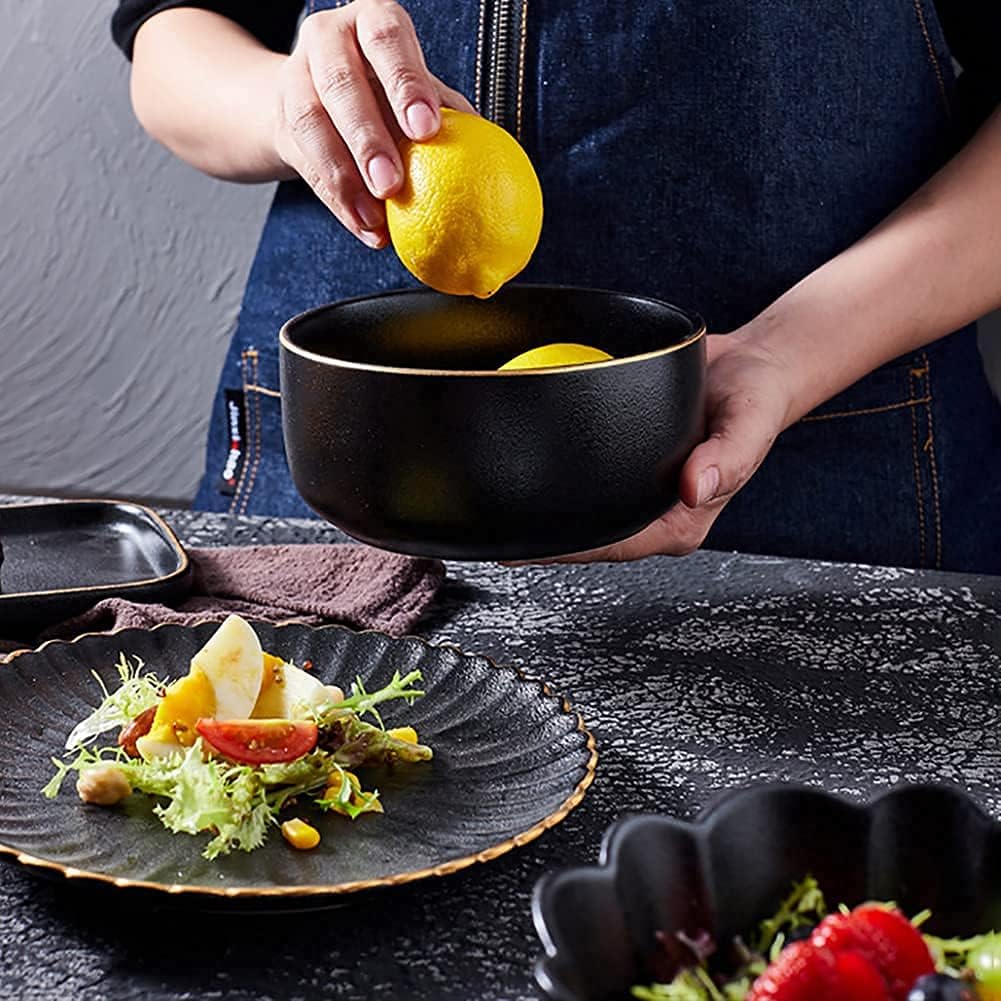 GagalU Party DinnerwareKitchen Tableware Set,Ceramic Dinnerware Set, 15 Pcs Matte Black Retro Plates and Bowls Set- Irregular Edge Dinner Sets, Service for 4