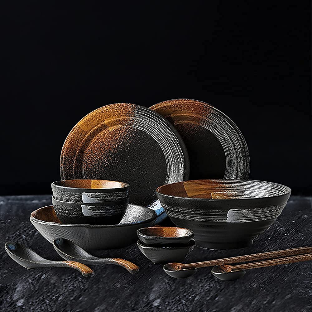 Chip Dinnerware,Kitchen Tableware Set,Ceramics Dinnerware Sets, Dinner Plates and Bowls Sets | 38 Pcs Vintage Frosted Dishes Set- Retro Steak Plates for Family Party