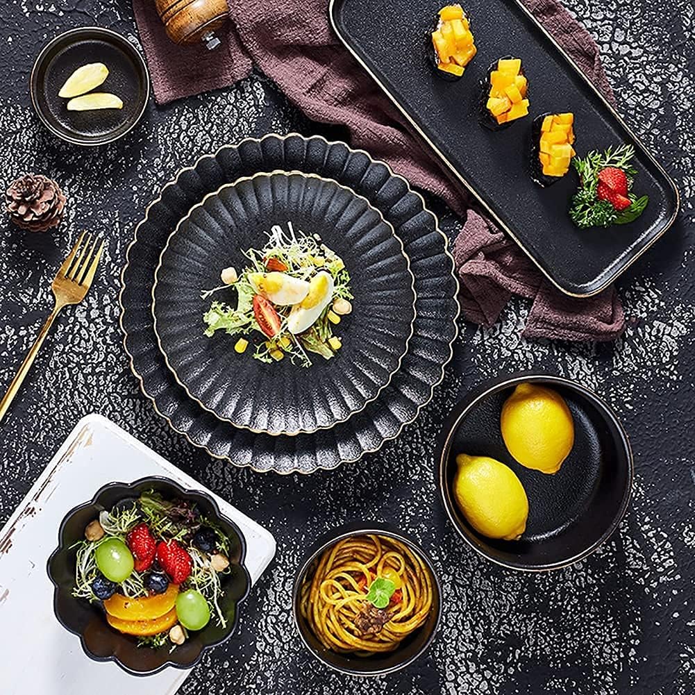 GagalU Party DinnerwareKitchen Tableware Set,Ceramic Dinnerware Set, 15 Pcs Matte Black Retro Plates and Bowls Set- Irregular Edge Dinner Sets, Service for 4