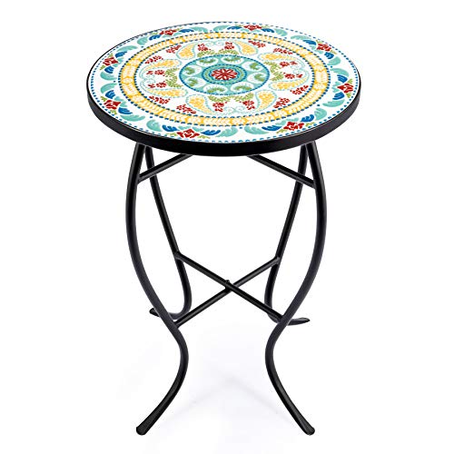 VONLUCE 21" Mosaic Plant Stand, 14 Inch Round Side Table with Ceramic Tile Top, Indoor and Outdoor Accent Table, Outdoor Patio Furniture, End Table for Garden Patio Living Room More, Floral