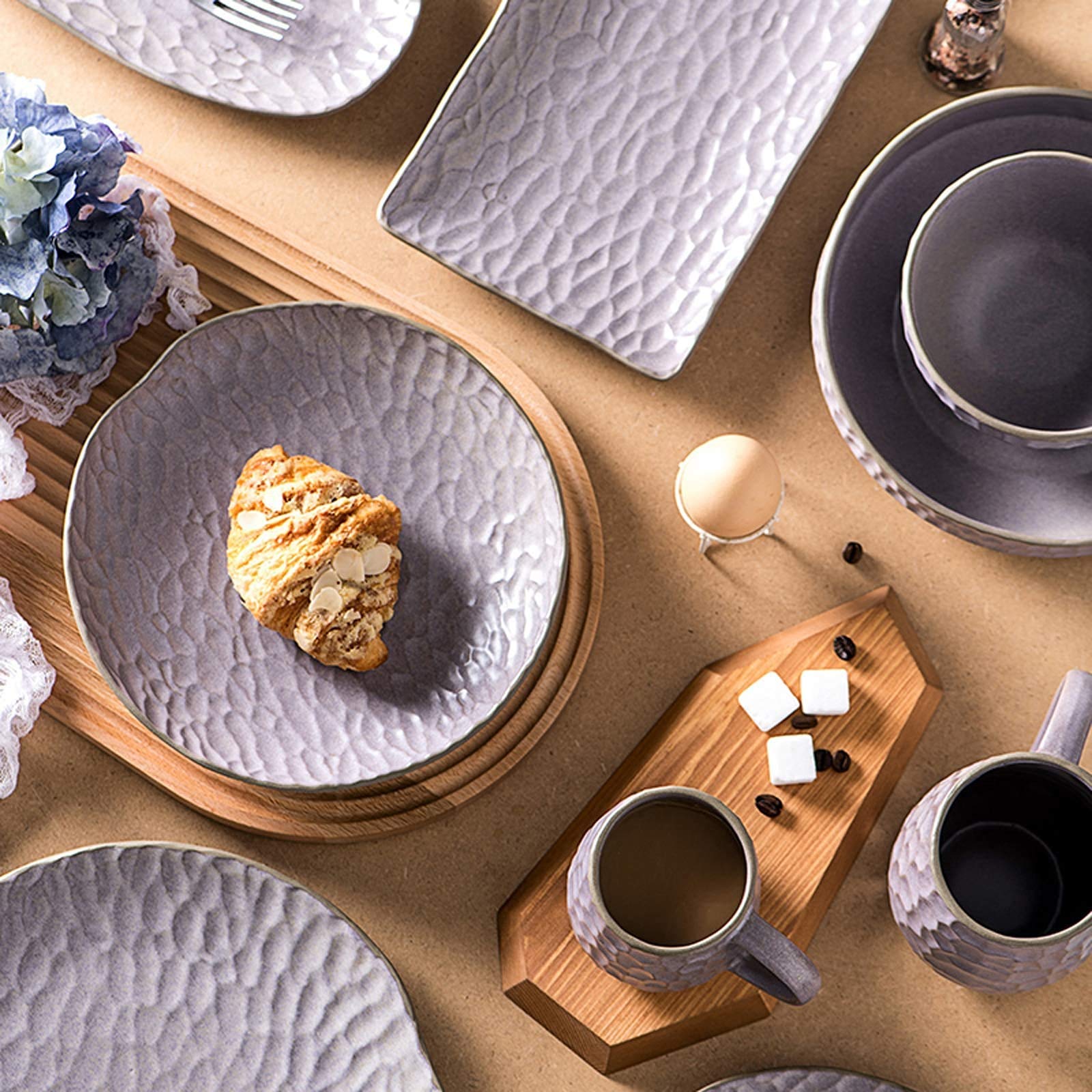 AB-Grade Porcelain Plate and Bowl Set,Kitchen Tableware Set,Ceramics Dinnerware Sets, 39 Pieces Nordic Style Porcelain Dinner Set for Family Gathering | Matte Series Purple Cereal Bowl Steak Plate an
