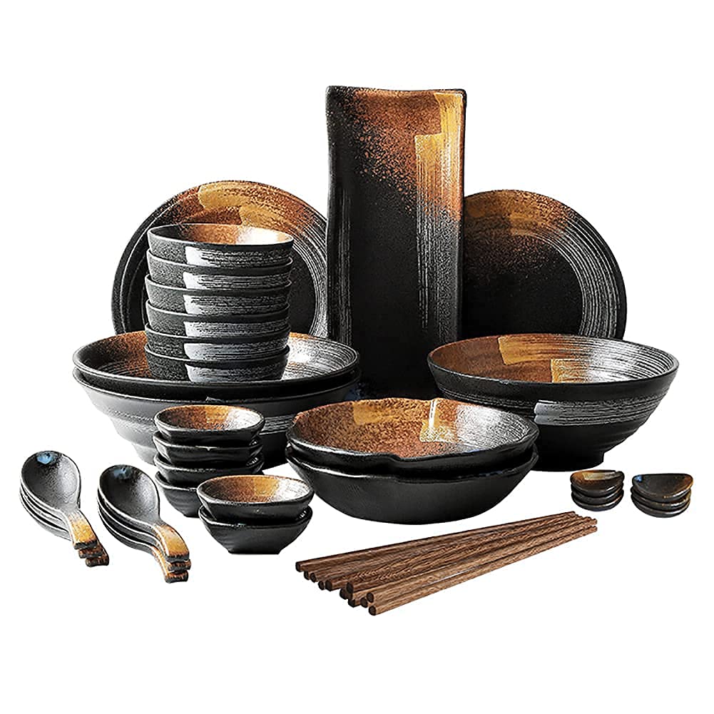 Chip Dinnerware,Kitchen Tableware Set,Ceramics Dinnerware Sets, Dinner Plates and Bowls Sets | 38 Pcs Vintage Frosted Dishes Set- Retro Steak Plates for Family Party