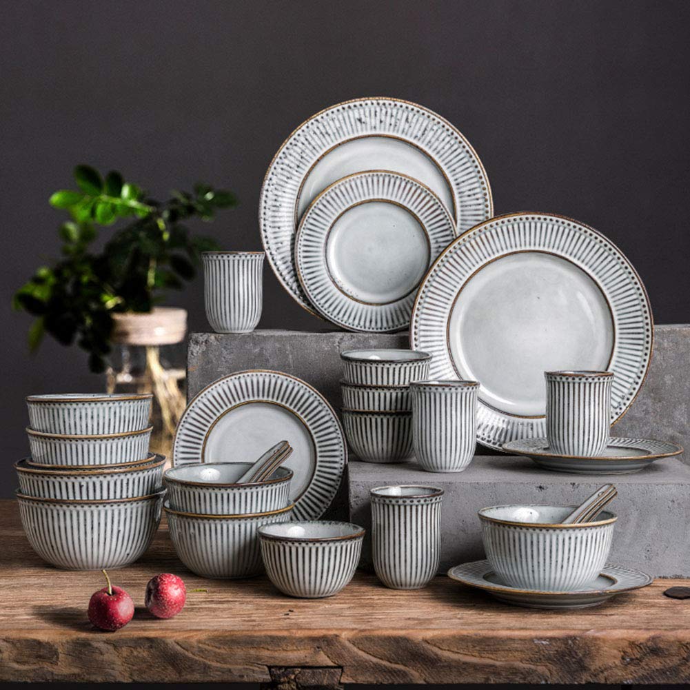 Ceramics Dinner Sets for 6, Plates, Bowls and Cups | 38 Pieces Premium Kiln Glaze Dinnerware - Vintage Stripe Porcelain Dinner Plates Combination Set for Restaurant Family Party