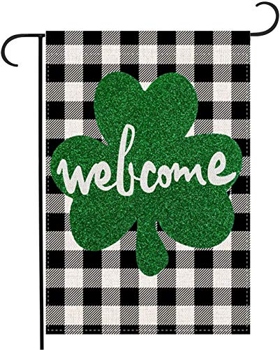 AUOIKK Welcome Buffalo Plaid Shamrock Garden Flag Vertical Double Sided, St Patrick's Day Yard Sign Porch Flag Home Party Hanging Wall Flags Banner Outdoor Decoration 12.5 x 18 Inch