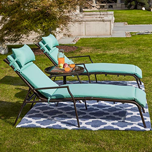 LOKATSE HOME Outdoor Lounge Chair Set 3 Pieces Patio Cushioned Adjustable Back Chaises with Bistro Table Steel Frame for Backyard Porch Garden Poolside, Light Blue