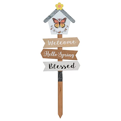DECSPAS Spring Decorations for Home, 34" H Decorative Garden Stakes White House Butterfly Flowers Ornaments Summer Outdoor Porch Decor, Welcome Hello Spring Blessed Sign Spring Home Decor for Outside