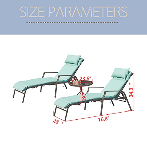 LOKATSE HOME Outdoor Lounge Chair Set 3 Pieces Patio Cushioned Adjustable Back Chaises with Bistro Table Steel Frame for Backyard Porch Garden Poolside, Light Blue