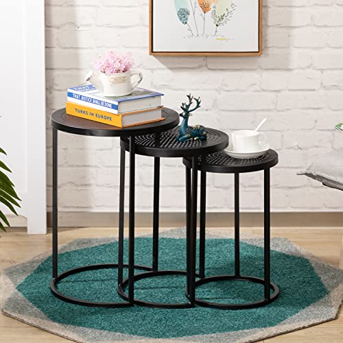ALIMORDEN Set of 3 Round Metal Nesting Table, 3-Pack Indoor&Outdoor Coffee Snack Side Table, Accent Nightstand for Bedroom, Sofa Side Table for Living Room, Garden, Patio, (D) 14" x(H) 19.69", Black