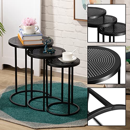 ALIMORDEN Set of 3 Round Metal Nesting Table, 3-Pack Indoor&Outdoor Coffee Snack Side Table, Accent Nightstand for Bedroom, Sofa Side Table for Living Room, Garden, Patio, (D) 14" x(H) 19.69", Black