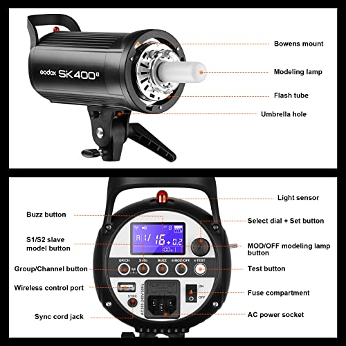 Godox SK400II 400Ws GN65 5600K Studio Strobe Flash Monolight Light for Studio Shooting,with Built-in Godox 2.4G Wireless X System,150W Modeling Lamp(Bowens Mount)
