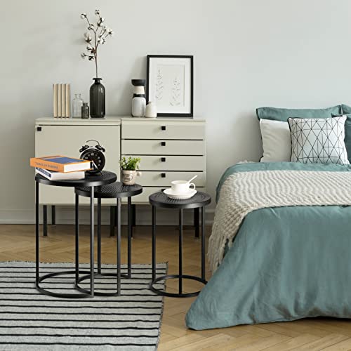 ALIMORDEN Set of 3 Round Metal Nesting Table, 3-Pack Indoor&Outdoor Coffee Snack Side Table, Accent Nightstand for Bedroom, Sofa Side Table for Living Room, Garden, Patio, (D) 14" x(H) 19.69", Black