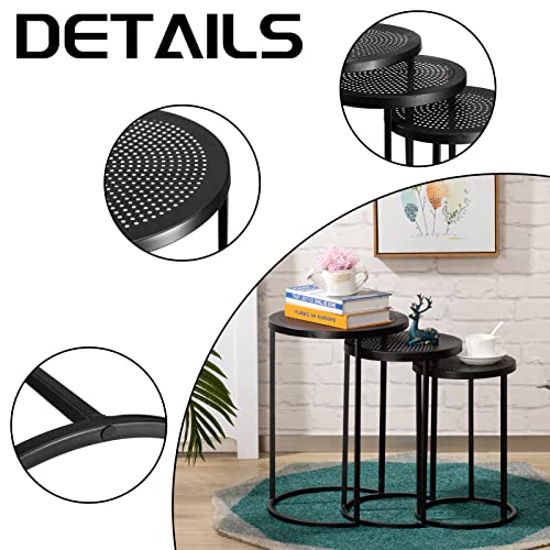 ALIMORDEN Set of 3 Round Metal Nesting Table, 3-Pack Indoor&Outdoor Coffee Snack Side Table, Accent Nightstand for Bedroom, Sofa Side Table for Living Room, Garden, Patio, (D) 14" x(H) 19.69", Black