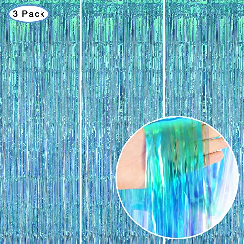 BEAYFILY 3 Pack Fringe Curtains Party Decorations,Tinsel Backdrop Curtains for Parties,Photo Booth Wedding Graduations Birthday Christmas Event Party Supplies (Rainbow Blue)