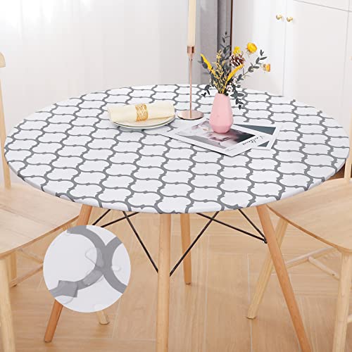 smiry Round Tablecloth, Waterproof Elastic Fitted Table Covers for 36" - 44" Tables, Wipeable Flannel Backed Vinyl Tablecloths for Picnic, Camping, Dining, Indoor and Outdoor, White Morocco