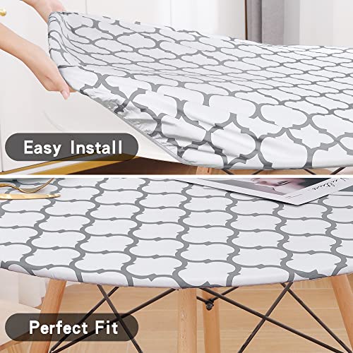 smiry Round Tablecloth, Waterproof Elastic Fitted Table Covers for 36" - 44" Tables, Wipeable Flannel Backed Vinyl Tablecloths for Picnic, Camping, Dining, Indoor and Outdoor, White Morocco