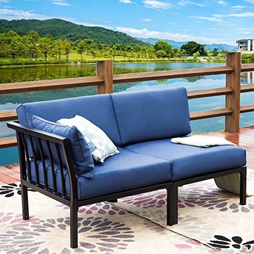 LOKATSE HOME 2 Piece Patio Furniture Corner Sofa Sectional Outdoor Loveseat Armchiar and Armless Sets Metal Steel Frame with Comfy Cushions, Blue