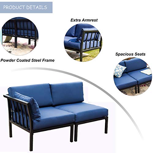 LOKATSE HOME 2 Piece Patio Furniture Corner Sofa Sectional Outdoor Loveseat Armchiar and Armless Sets Metal Steel Frame with Comfy Cushions, Blue