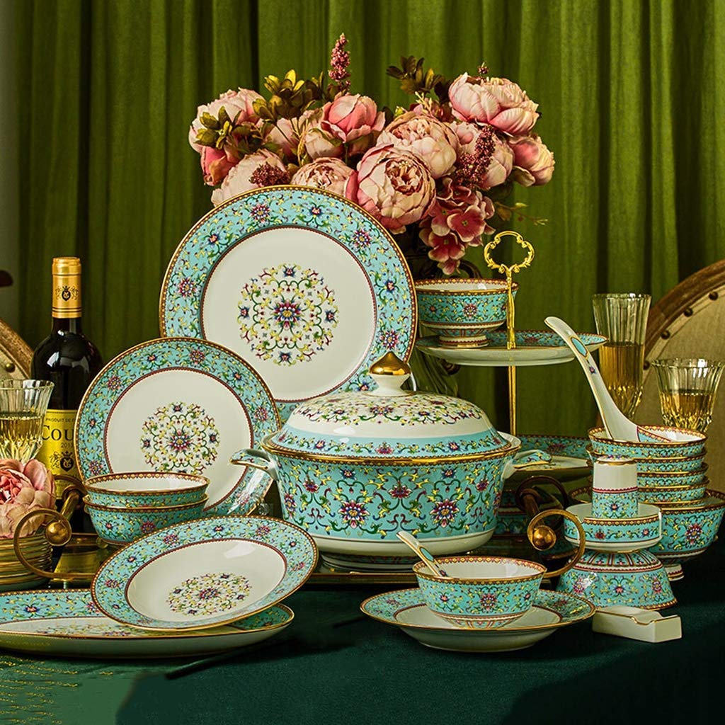 Porcelain Dinner Set Kitchen Tableware Set,Ceramics Dinnerware Set, 50 Pieces Bone China Plates and Bowls Sets for Family Gathering - High-Grade Enamel Dinner Set with Fruit Dish