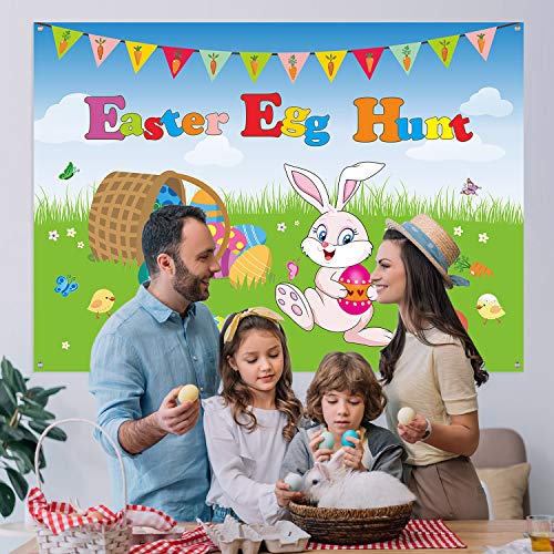 Easter Party Decorations Large Fabric Easter Egg Bunny Hunt Background Banner and Chick Sign Easter Hunt Game Banner Poster Photo Booth Backdrop with Rope for Spring Easter Party Supplies 7 x 5 ft