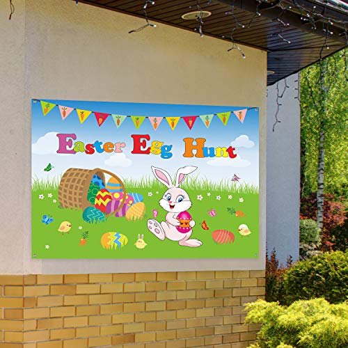 Easter Party Decorations Large Fabric Easter Egg Bunny Hunt Background Banner and Chick Sign Easter Hunt Game Banner Poster Photo Booth Backdrop with Rope for Spring Easter Party Supplies 7 x 5 ft