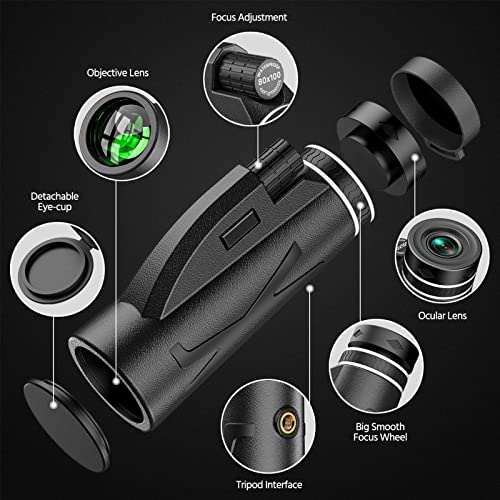 THEBASS 80x100 Monocular Telescope - High Power Prism Monocular HD Dual Focus Scope Portable Fogproof with Smartphone Holder & Tripod for Bird Watching Hunting Camping Travelling Wildlife Secenery