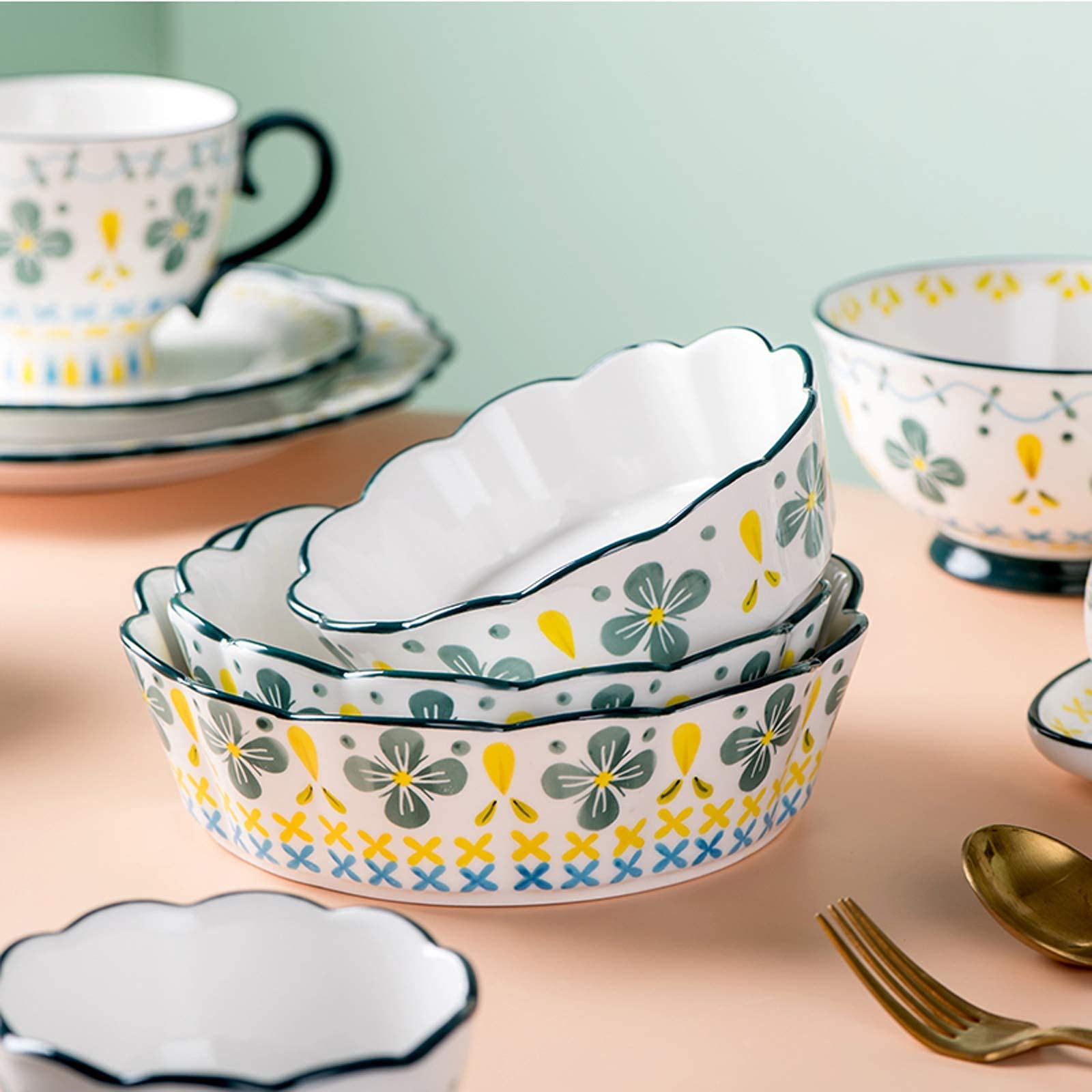 Plate and Bowl Set Kitchen Tableware Set,Ceramics Dinner Sets, 33 Pieces Four Leaf Clover Pattern Cereal Bowl and Steak Plate Set | Porcelain Dinnerware Set for Wedding Housewarming Gifts