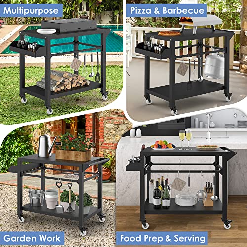 Xilingol Outdoor Grill Cart Pizza Oven Stand, BBQ Prep Table with Wheels & Seasoning Tray, Black Kitchen Tabletop Griddle Cooking Island & Station for Bar, Patio, Camping, Outside, Home