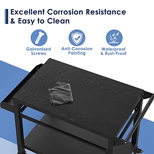 Xilingol Outdoor Grill Cart Pizza Oven Stand, BBQ Prep Table with Wheels & Seasoning Tray, Black Kitchen Tabletop Griddle Cooking Island & Station for Bar, Patio, Camping, Outside, Home