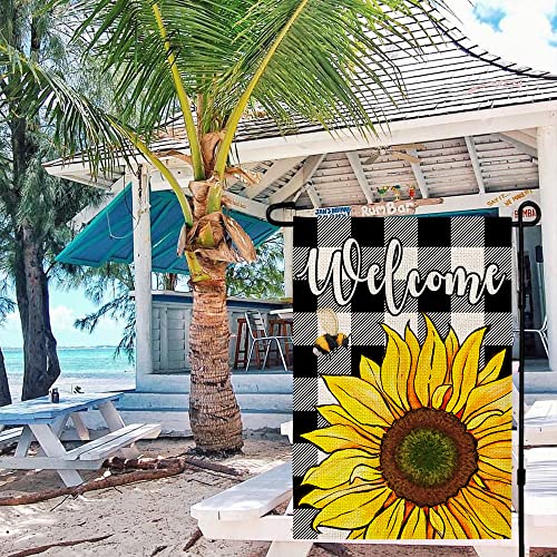 CROWNED BEAUTY Summer Bee Garden Flag Sunflower Buffalo Plaid Yard 12x18 Inch Small Double Sided Outside Farmhouse Party Décor