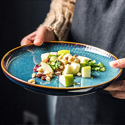 Kitchen DinnerwareFine Dinnerware Set,Porcelain Dinnerware Set, Ceramic Plates and Bowls Sets, Modern Creativity Vintage Lounge Round Reactive Glaze Stoneware Dishes Set for Kitchen/Dining, Blue,Serv