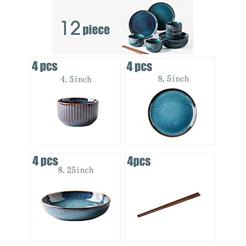 Kitchen DinnerwareFine Dinnerware Set,Porcelain Dinnerware Set, Ceramic Plates and Bowls Sets, Modern Creativity Vintage Lounge Round Reactive Glaze Stoneware Dishes Set for Kitchen/Dining, Blue,Serv