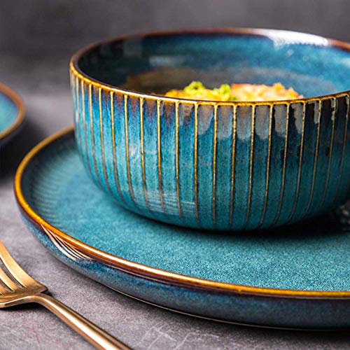 Kitchen DinnerwareFine Dinnerware Set,Porcelain Dinnerware Set, Ceramic Plates and Bowls Sets, Modern Creativity Vintage Lounge Round Reactive Glaze Stoneware Dishes Set for Kitchen/Dining, Blue,Serv