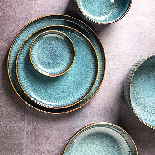 Kitchen DinnerwareFine Dinnerware Set,Porcelain Dinnerware Set, Ceramic Plates and Bowls Sets, Modern Creativity Vintage Lounge Round Reactive Glaze Stoneware Dishes Set for Kitchen/Dining, Blue,Serv