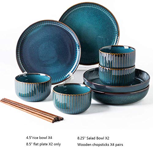 Kitchen DinnerwareFine Dinnerware Set,Porcelain Dinnerware Set, Ceramic Plates and Bowls Sets, Modern Creativity Vintage Lounge Round Reactive Glaze Stoneware Dishes Set for Kitchen/Dining, Blue,Serv