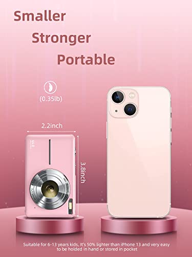 Digital Camera, FHD 1080P Digital Point and Shoot Camera for Kids 44MP Vlogging Camera with Anti Shake 16X Zoom, Compact Kids Camera Small Camera for Boys Girls Teens Students Seniors- Pink