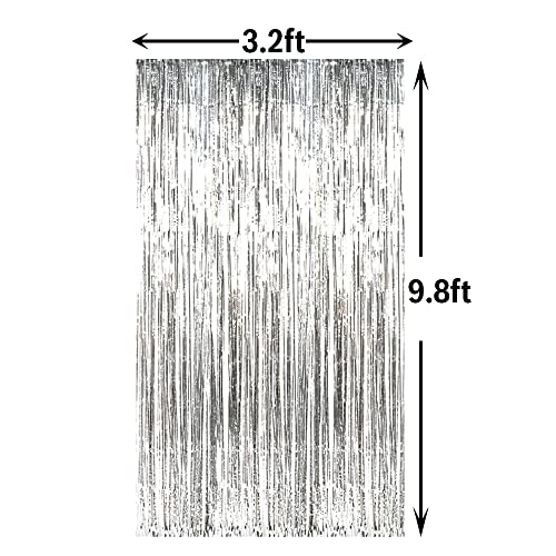 GOER 3.2 ft x 9.8 ft Metallic Tinsel Foil Fringe Curtains Party Photo Backdrop Party Streamers for Birthday,Graduation,New Year Eve Decorations Wedding Decor (4 Packs,Silver)