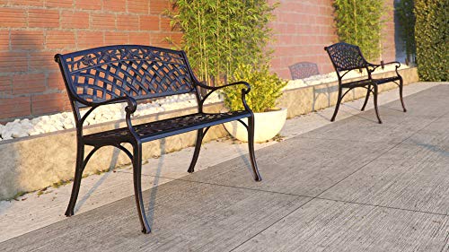 Patio Sense 63285 Scarlet Cast Aluminum Patio Bench Heavy Duty Rust Free Metal Construction Lightweight Easy Assembly for Front Porch Backyard Lawn Garden Pool Deck - Antique Bronze Finish