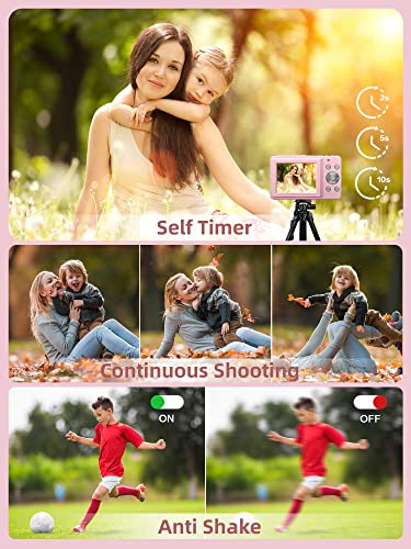 Digital Camera, FHD 1080P Digital Point and Shoot Camera for Kids 44MP Vlogging Camera with Anti Shake 16X Zoom, Compact Kids Camera Small Camera for Boys Girls Teens Students Seniors- Pink