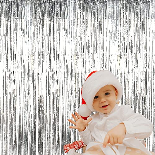 GOER 3.2 ft x 9.8 ft Metallic Tinsel Foil Fringe Curtains Party Photo Backdrop Party Streamers for Birthday,Graduation,New Year Eve Decorations Wedding Decor (4 Packs,Silver)