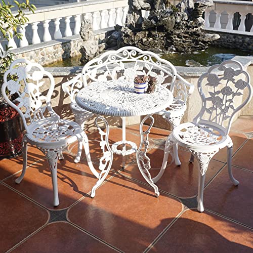 KAI LI Outdoor Outdoor Tables and Chairs cast Aluminum Four Piece Set, Including a Table, Two Round Chairs and a Bench Rose White Style Swimming Pool Leisure