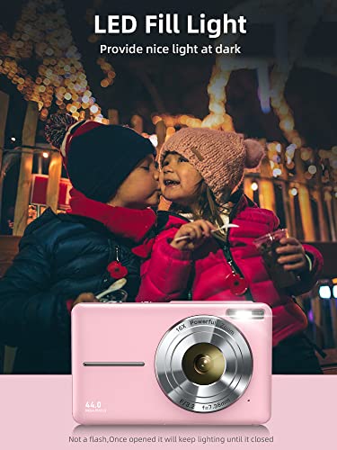 Digital Camera, FHD 1080P Digital Point and Shoot Camera for Kids 44MP Vlogging Camera with Anti Shake 16X Zoom, Compact Kids Camera Small Camera for Boys Girls Teens Students Seniors- Pink