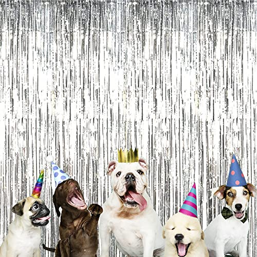 GOER 3.2 ft x 9.8 ft Metallic Tinsel Foil Fringe Curtains Party Photo Backdrop Party Streamers for Birthday,Graduation,New Year Eve Decorations Wedding Decor (4 Packs,Silver)