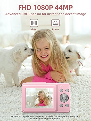 Digital Camera, FHD 1080P Digital Point and Shoot Camera for Kids 44MP Vlogging Camera with Anti Shake 16X Zoom, Compact Kids Camera Small Camera for Boys Girls Teens Students Seniors- Pink