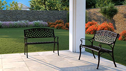 Patio Sense 63285 Scarlet Cast Aluminum Patio Bench Heavy Duty Rust Free Metal Construction Lightweight Easy Assembly for Front Porch Backyard Lawn Garden Pool Deck - Antique Bronze Finish