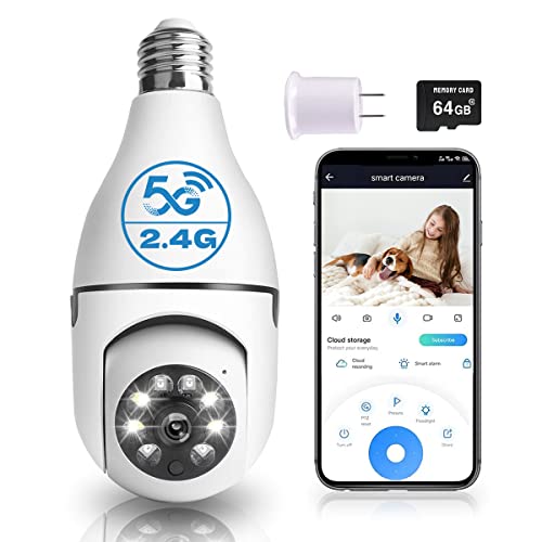 DUDUBOBBY Light Bulb Camera, 1080P Security Camera Home Wireless 5GHz&2.4GHz WiFi Motion Auto Tracking 360 Degree Smart Surveillance Camera with Motion Detection Alarm Night Vision (64G SD Card)