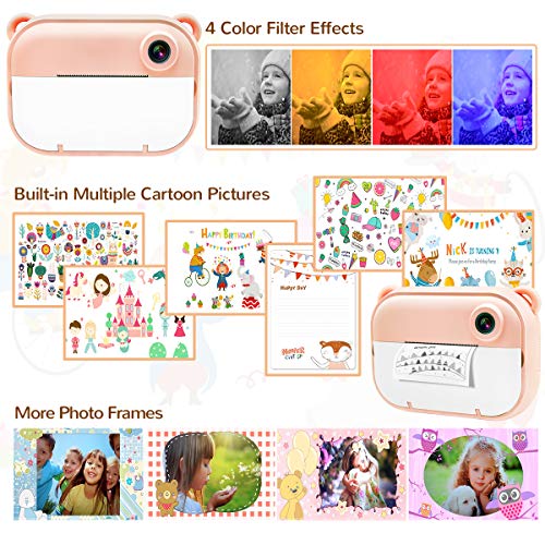 Joytrip Kids Instant Print Camera, Kids Camera with 2.4” HD Large Screen LCD, Zero Ink Digital Camera with Thermal Printing Paper and Cartoon Stickers, 3-14 Years Old Children Toy Learning Camera
